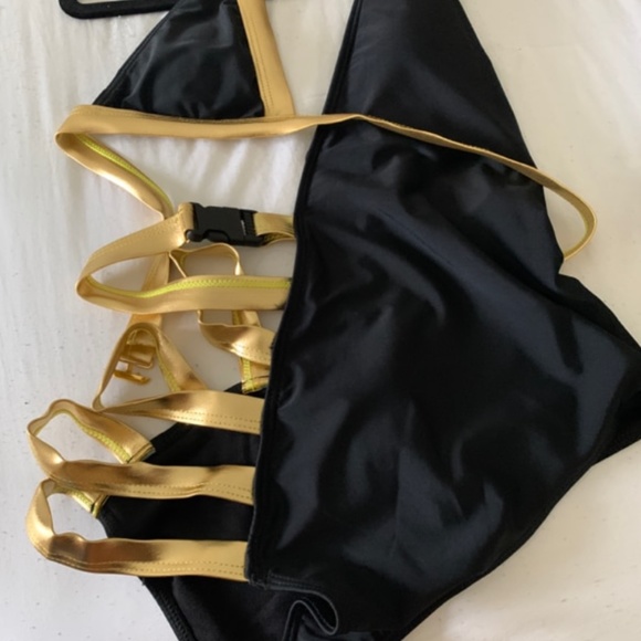 yesitsavailable | Swim | Metallic Gold Straps Black Halter One Piece ...